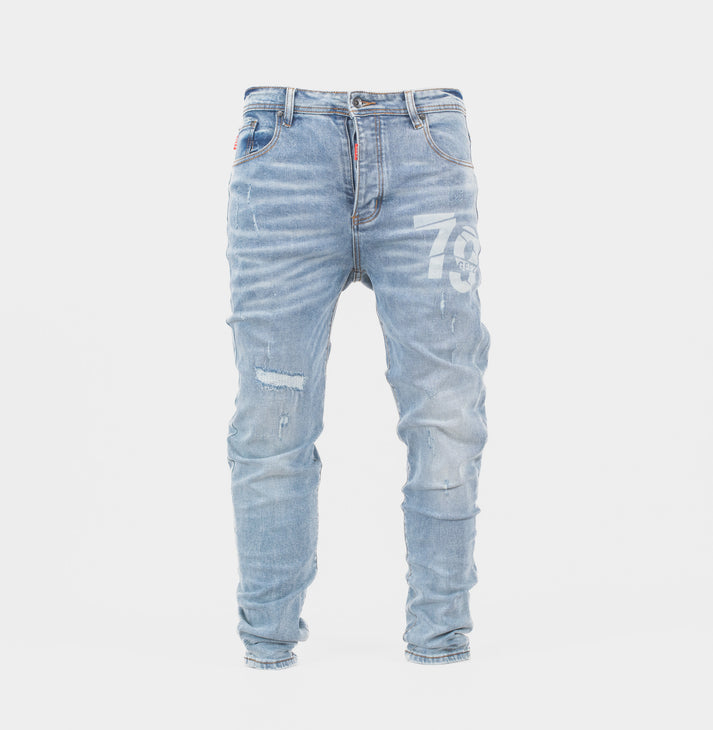 GEE2 Distressed “79” Graphic Slim Fit Denim Jeans – LOWKAL SA